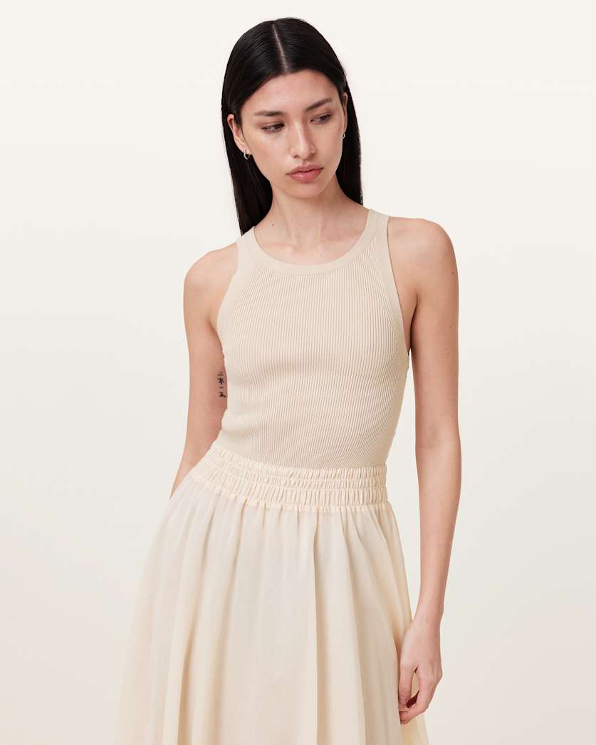 Zenia Sleeveless Asymmetric Midi Dress ALMOND WHITE | ALLSAINTS
